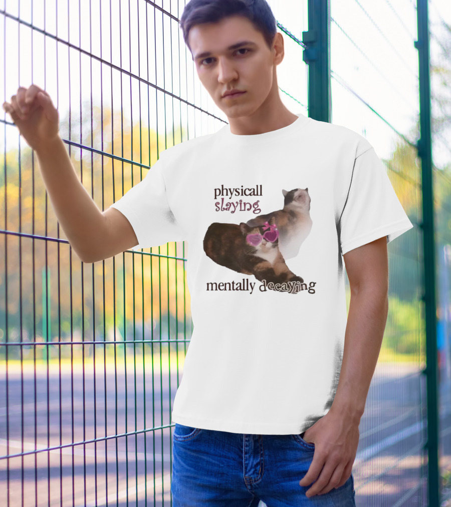 ```Snazzyseagull Physically Slaying Mentally Decaying Cat With Pink Heart Sunglasses``` T-Shirt