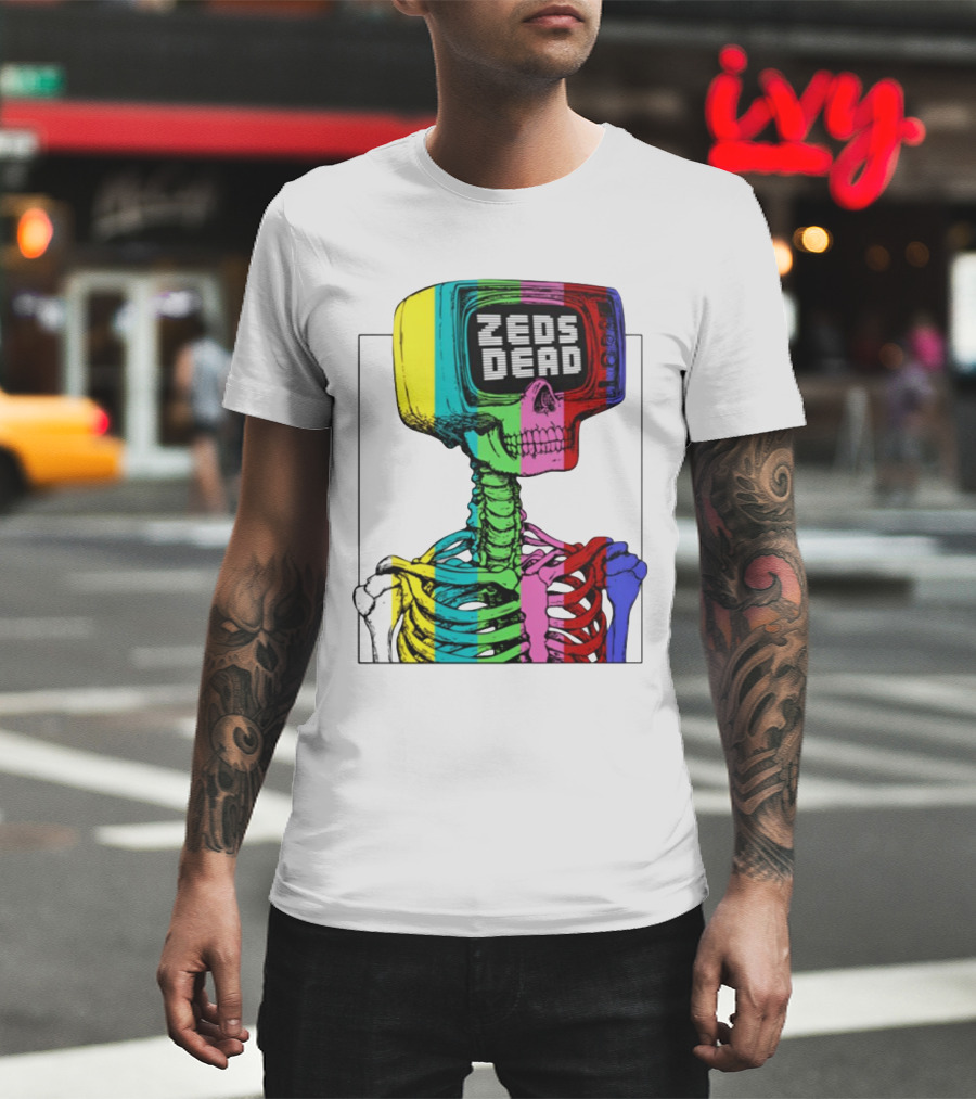 Zeds Dead TV Head Skeleton Multicolor Test Pattern T-Shirt