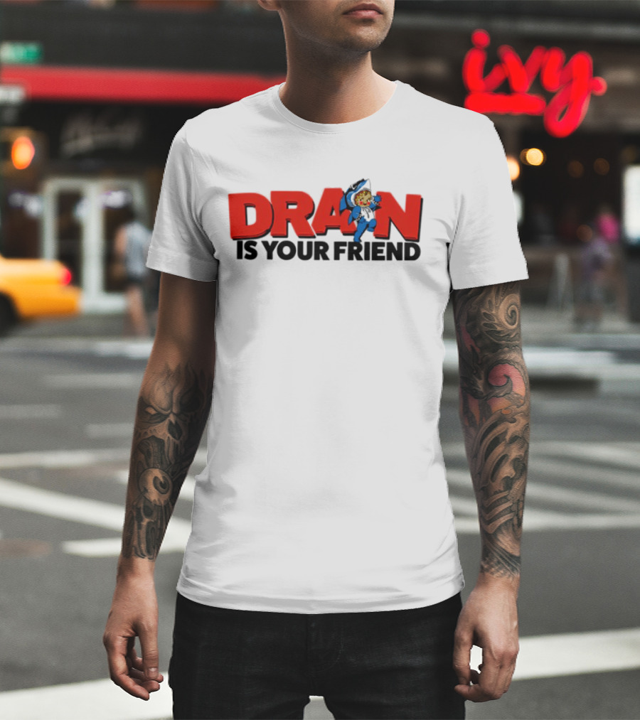 Drain Kewpie Friend In Red Block Letters With Cartoon Character T-Shirt