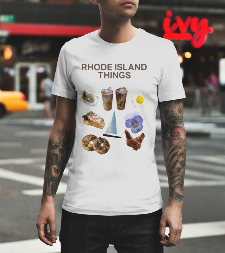 Rhode Island Things Iced Coffee Lobster Roll Sailboat Hen Johnnycakes T-Shirt