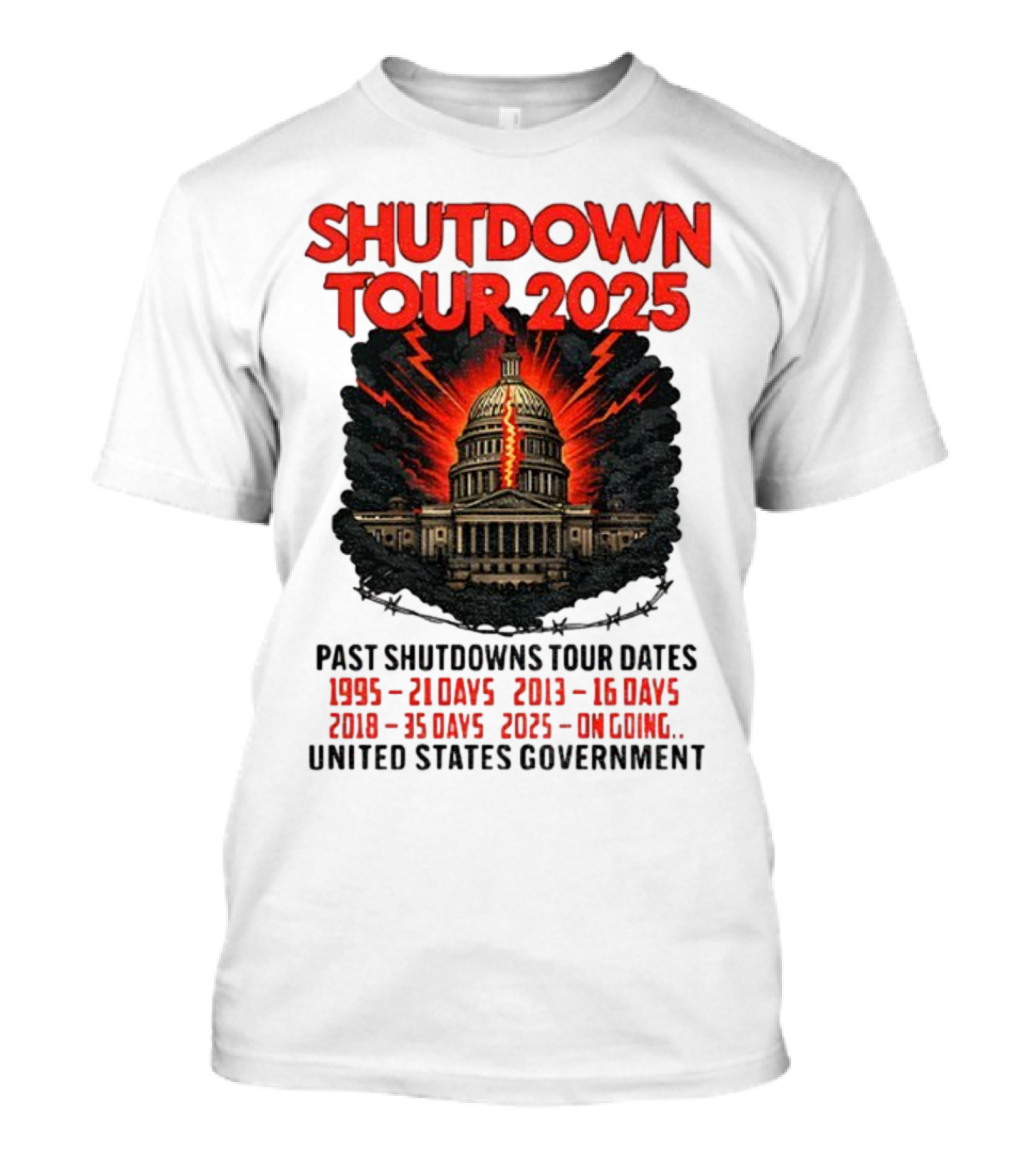 Shutdown Tour 2025 Past Shutdowns Dates 1995-21 Days 2013-16 Days 2018-35 Days 2025-On Going United States Capitol Art T-Shirt
