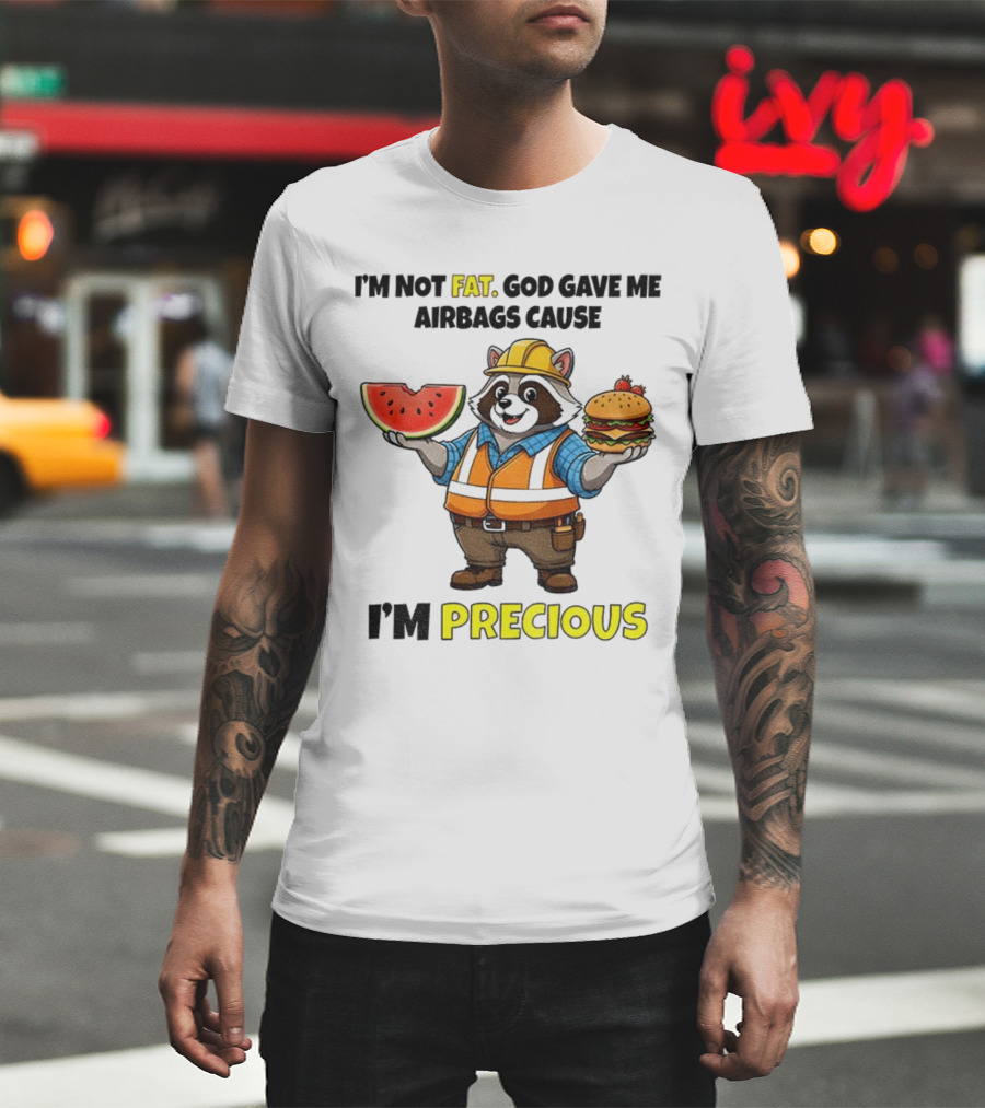 Raccoon In Safety Gear Holding Watermelon And Burger I'm Not Fat Precious T-Shirt