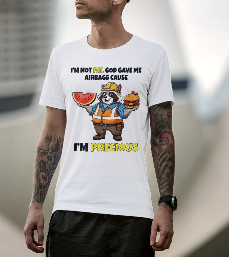 Raccoon In Safety Gear Holding Watermelon And Burger I'm Not Fat Precious T-Shirt