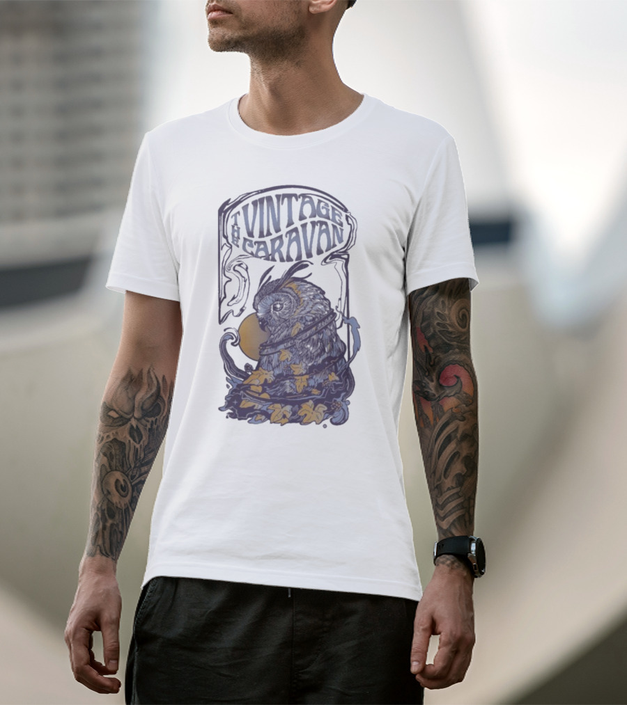 The Vintage Caravan Psychedelic Owl Art Nouveau Style T-Shirt