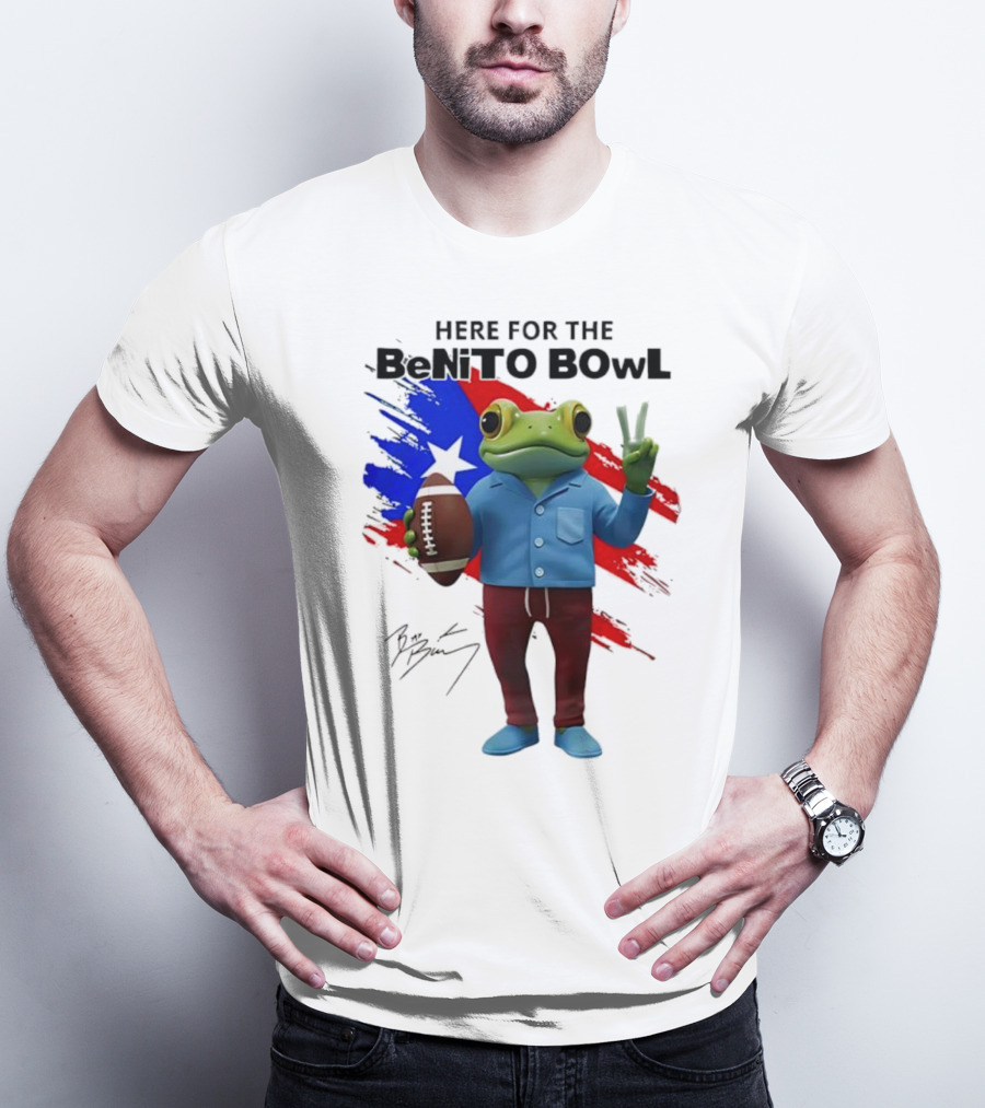 Bad Bunny Here For The Benito Bowl Super Bowl Frogs Puerto Rico Flag Football Peace Sign Signature T-Shirt
