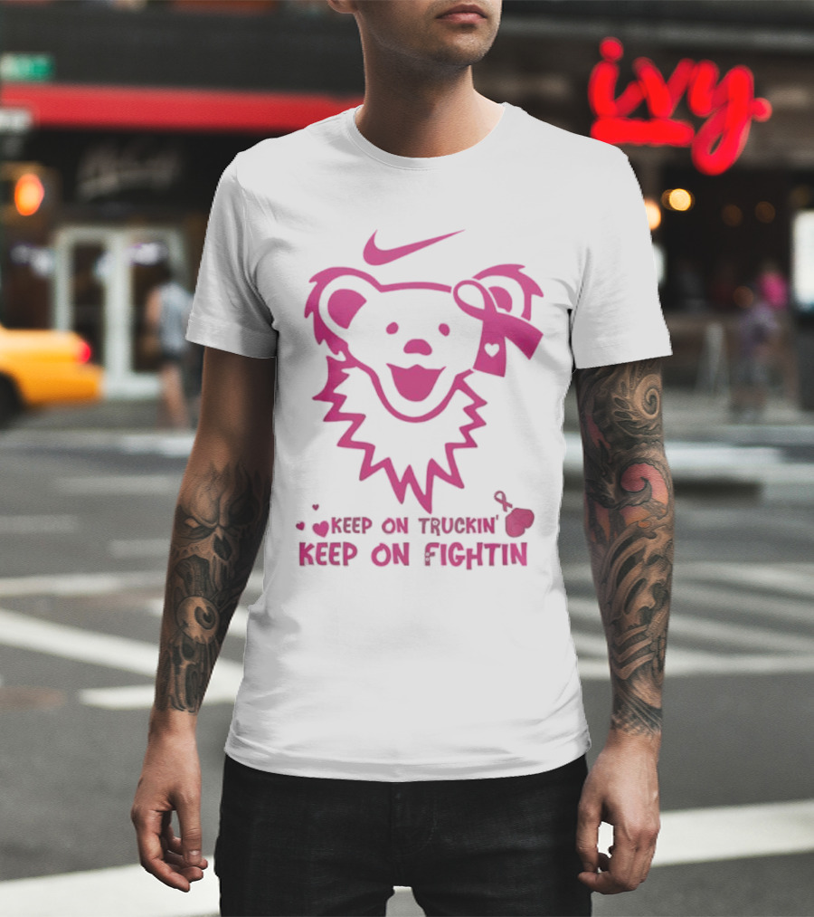 Nike Grateful Dead Bear Keep On Truckin' Keep On Fightin' Breast Cancer Awareness T-Shirt