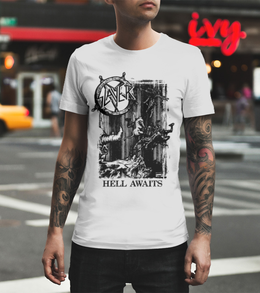 Monochrome Slayer Hell Awaits Acid Iconic Band Art T-Shirt