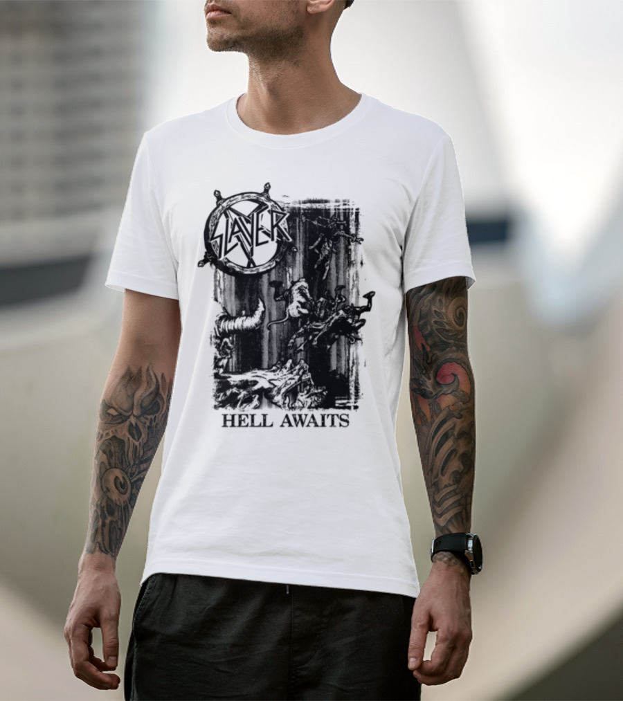 Monochrome Slayer Hell Awaits Acid Iconic Band Art T-Shirt