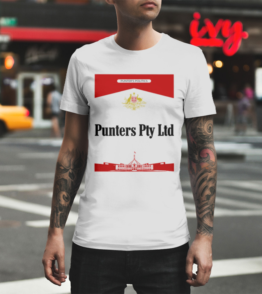 Punter's Lobbyist Uniform Australia's Parliament House Silhouette Red And Gold Emblem T-Shirt