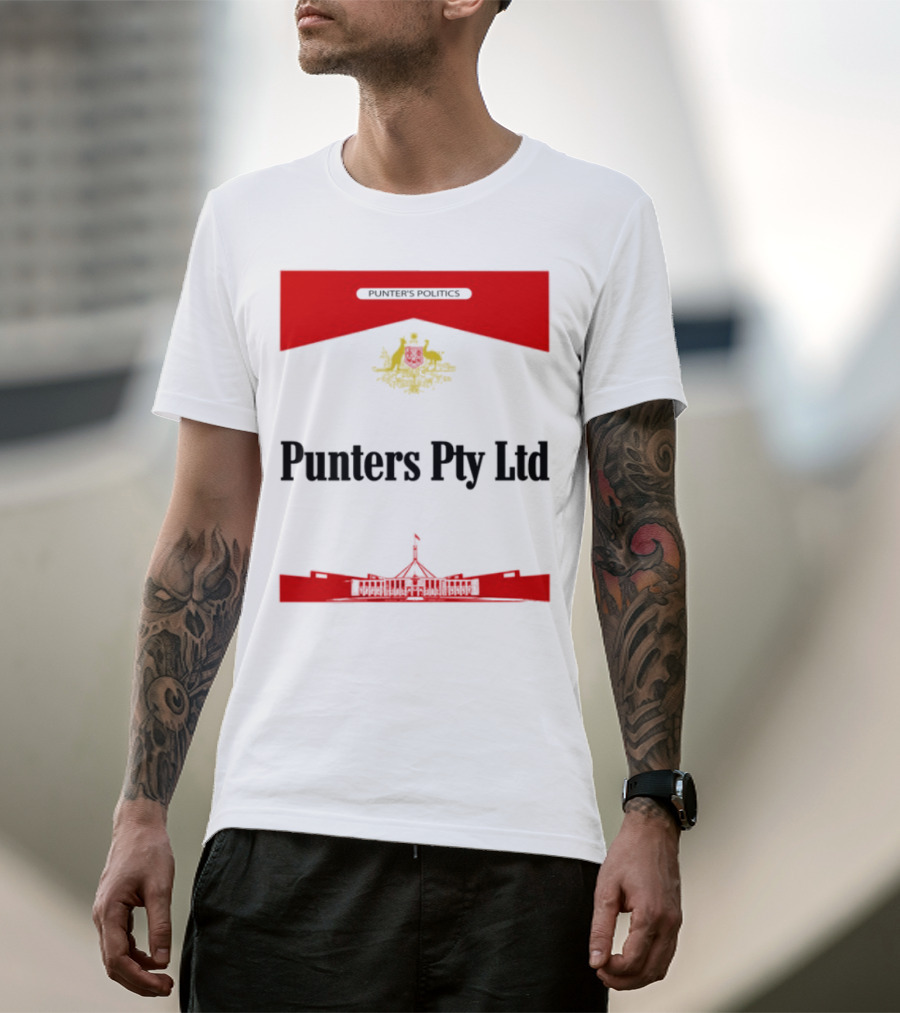 Punter's Lobbyist Uniform Australia's Parliament House Silhouette Red And Gold Emblem T-Shirt