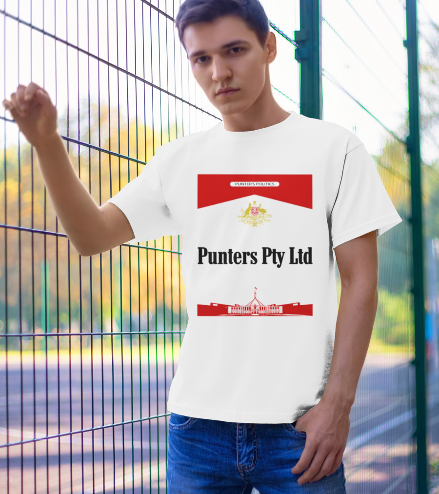 Punter's Lobbyist Uniform Australia's Parliament House Silhouette Red And Gold Emblem T-Shirt