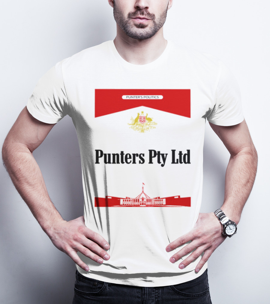 Punter's Lobbyist Uniform Australia's Parliament House Silhouette Red And Gold Emblem T-Shirt