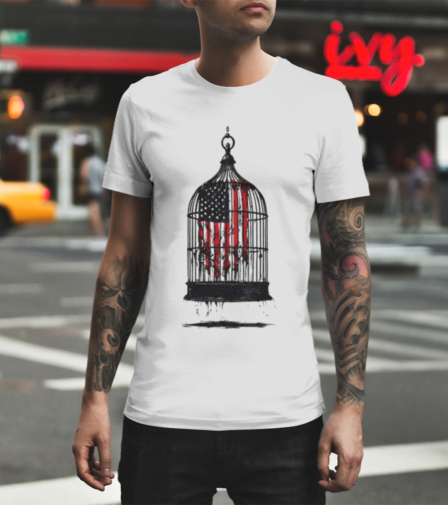 Caged Liberty American Flag Birdcage Government Shutdown T-Shirt