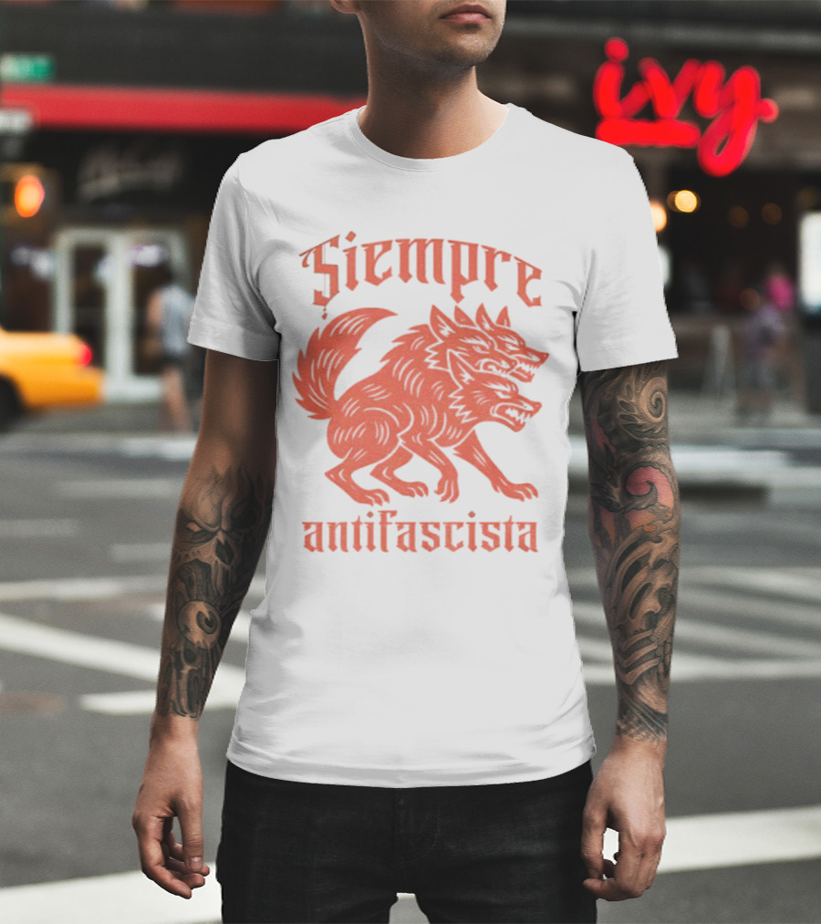 Siempre Antifascista Linocut Three-Headed Dog T-Shirt