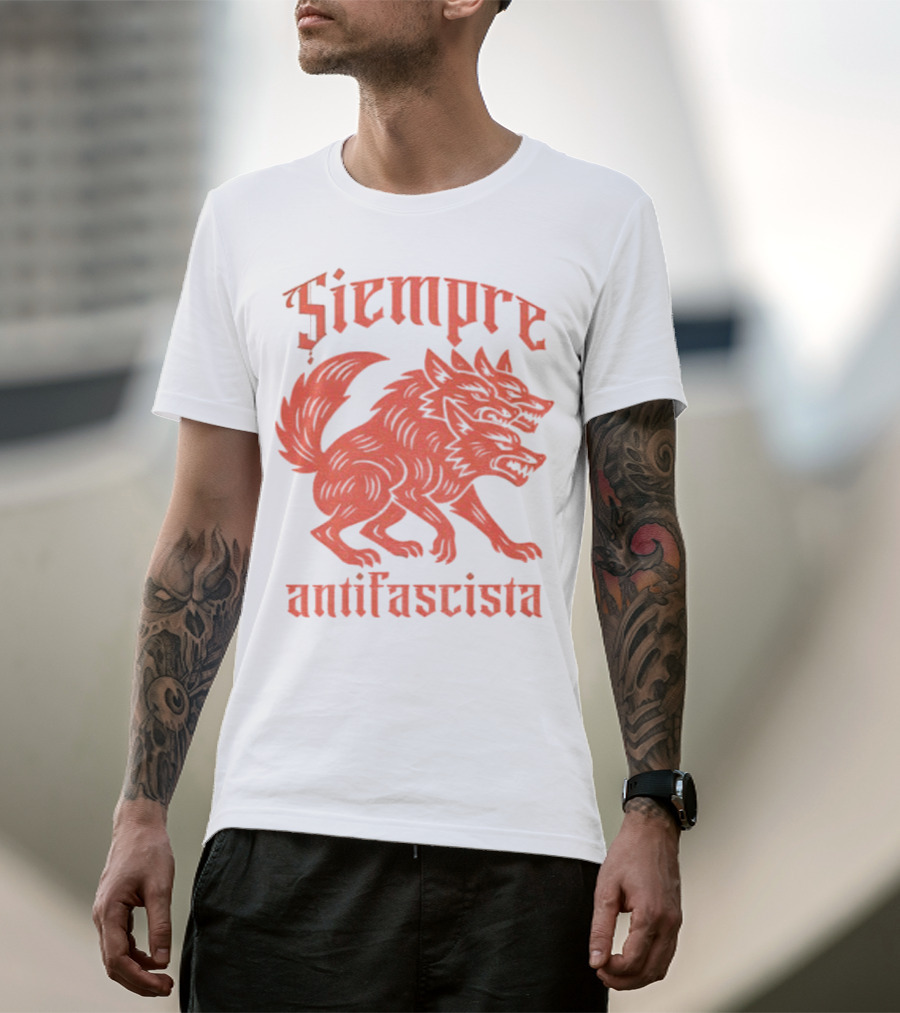 Siempre Antifascista Linocut Three-Headed Dog T-Shirt