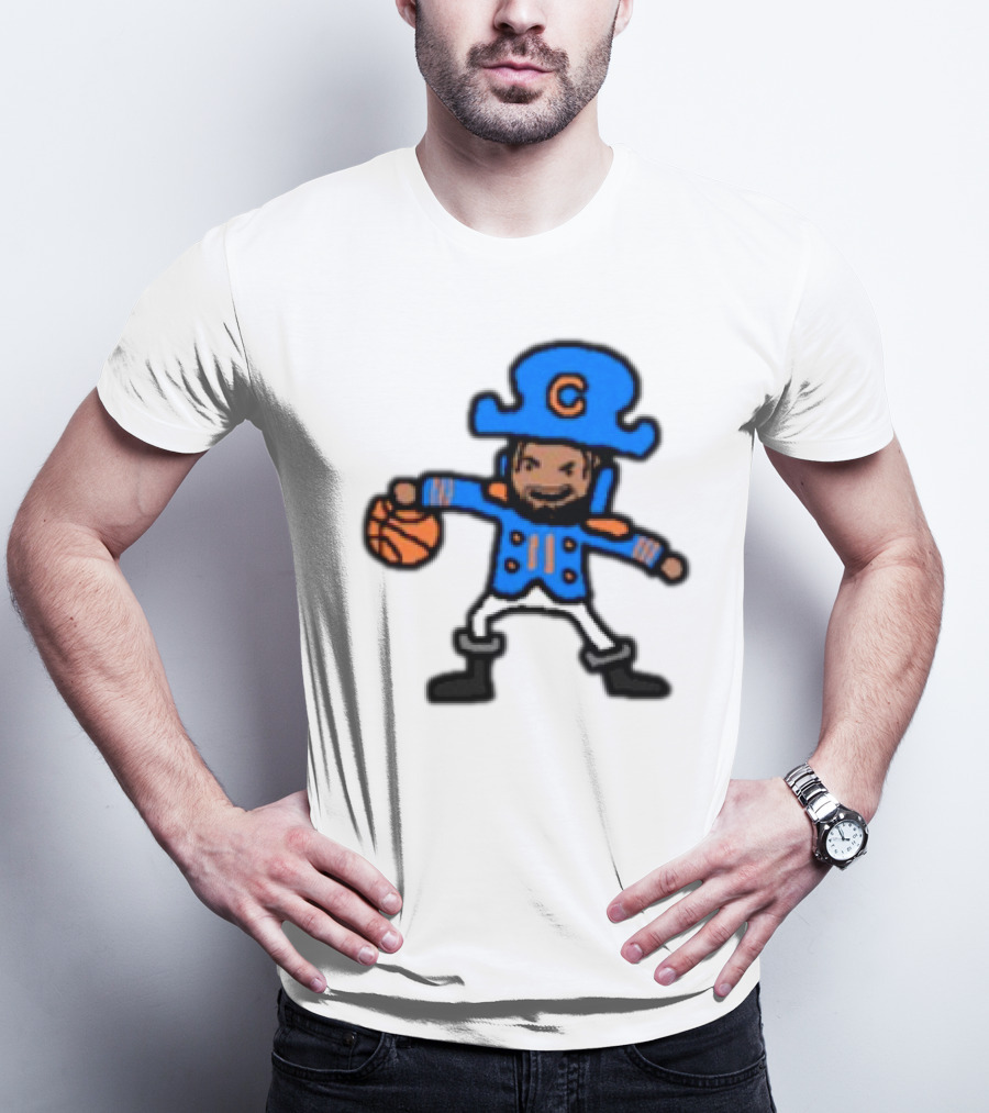 Captain Clutch Basketball Cartoon Character Blue Hat And Jacket T-Shirt
