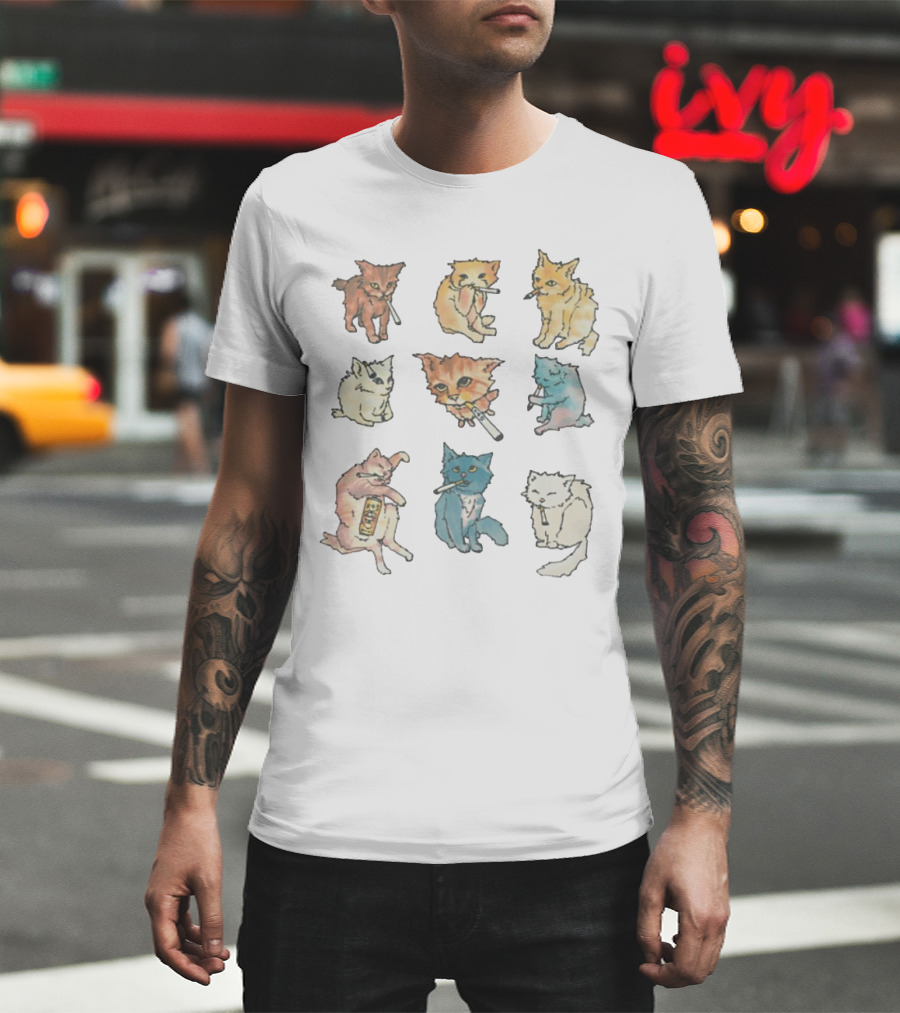 Kitty Ciggy Gang Quirky Cats Smoking Cigarettes Art Style T-Shirt