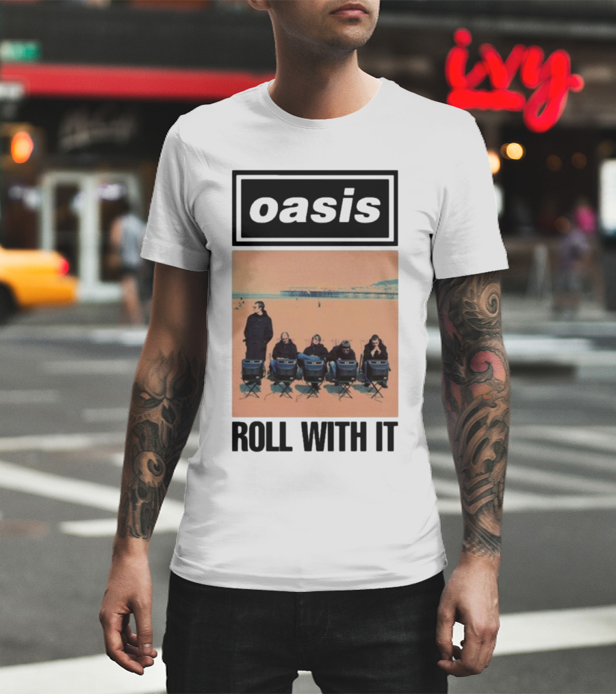 Oasis Roll With It Single Beach Scene Retro Style T-Shirt
