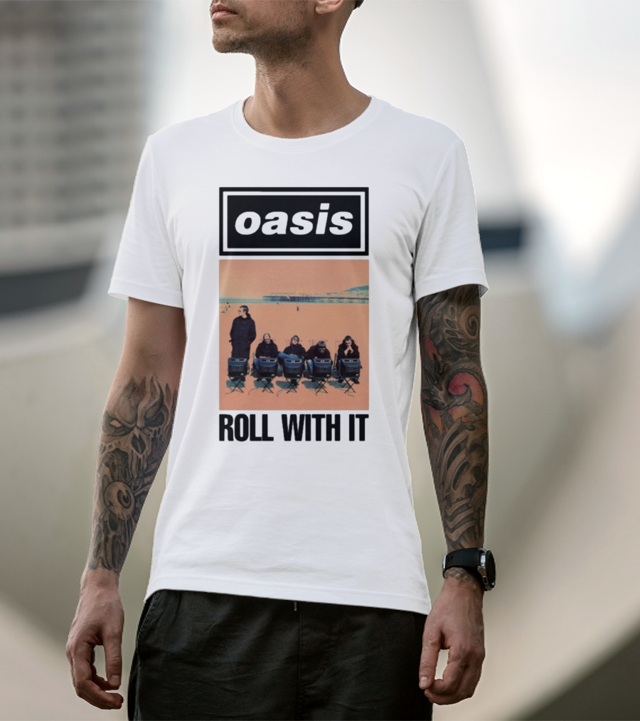 Oasis Roll With It Single Beach Scene Retro Style T-Shirt