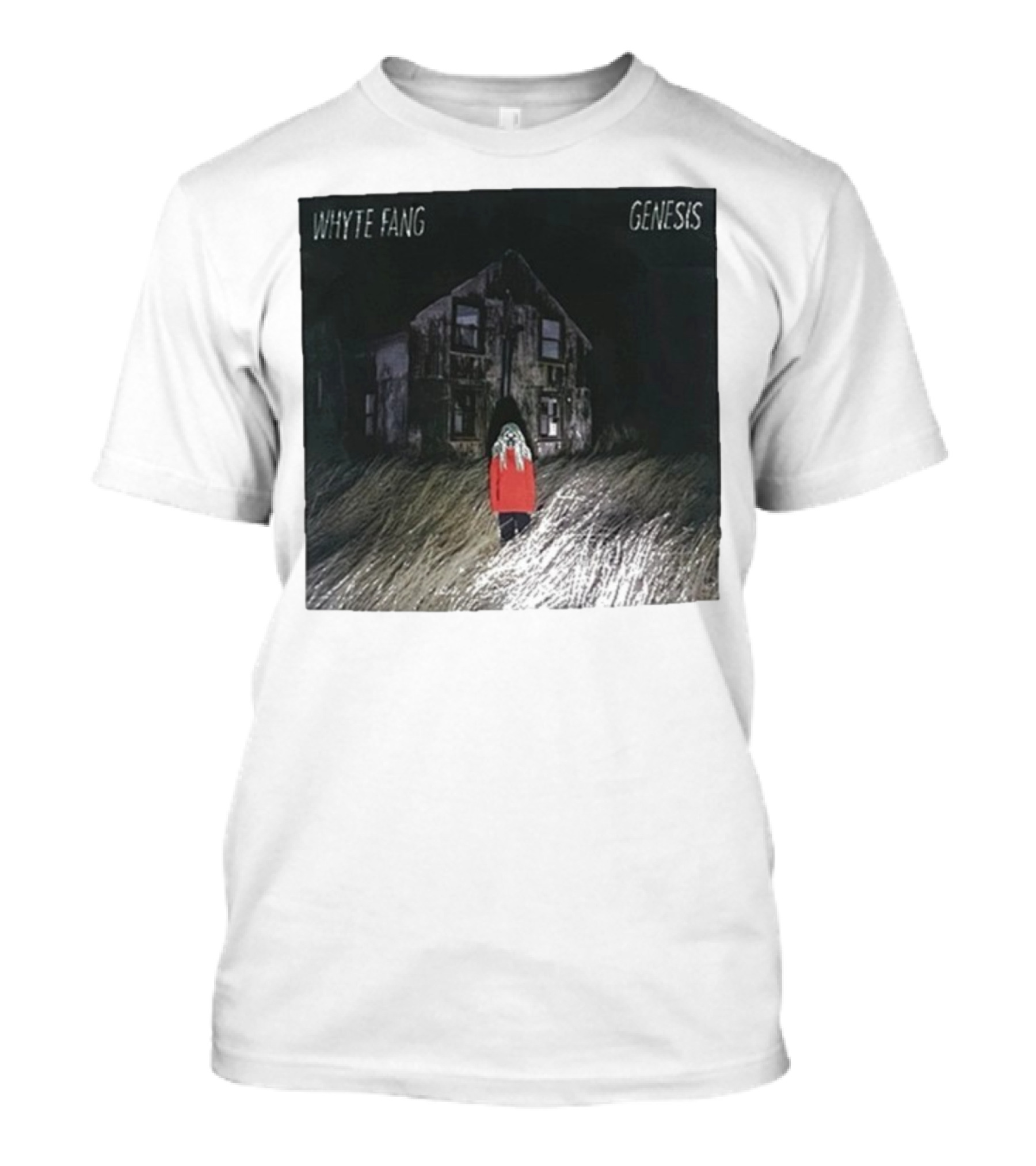 Whyte Fang Genesis Album Cover Creepy House And Figure In Red Jacket T-Shirt