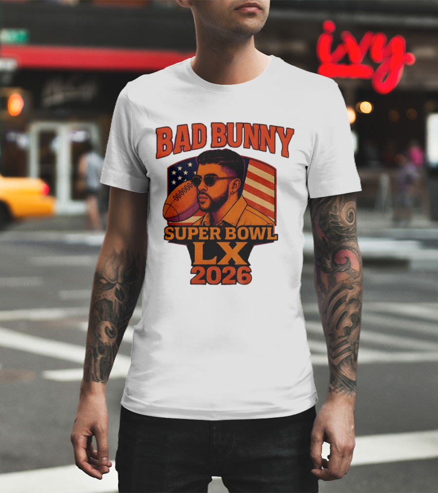Bad Bunny Super Bowl LX 2026 American Flag Football Graphic T-Shirt