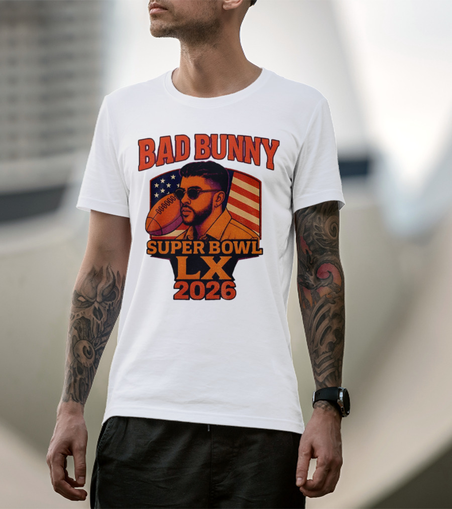 Bad Bunny Super Bowl LX 2026 American Flag Football Graphic T-Shirt