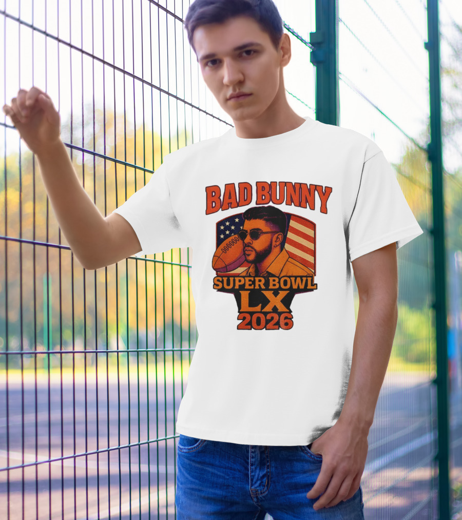 Bad Bunny Super Bowl LX 2026 American Flag Football Graphic T-Shirt
