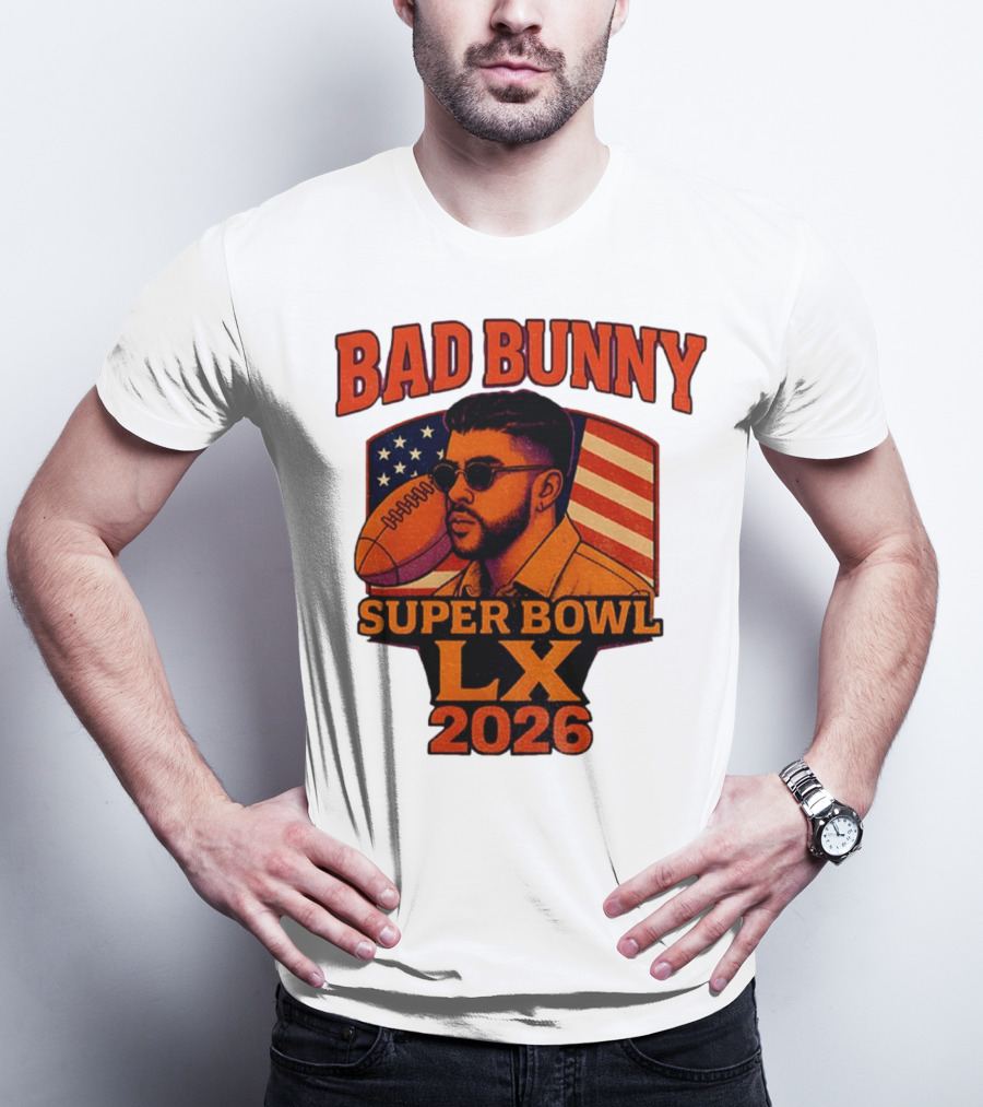 Bad Bunny Super Bowl LX 2026 American Flag Football Graphic T-Shirt