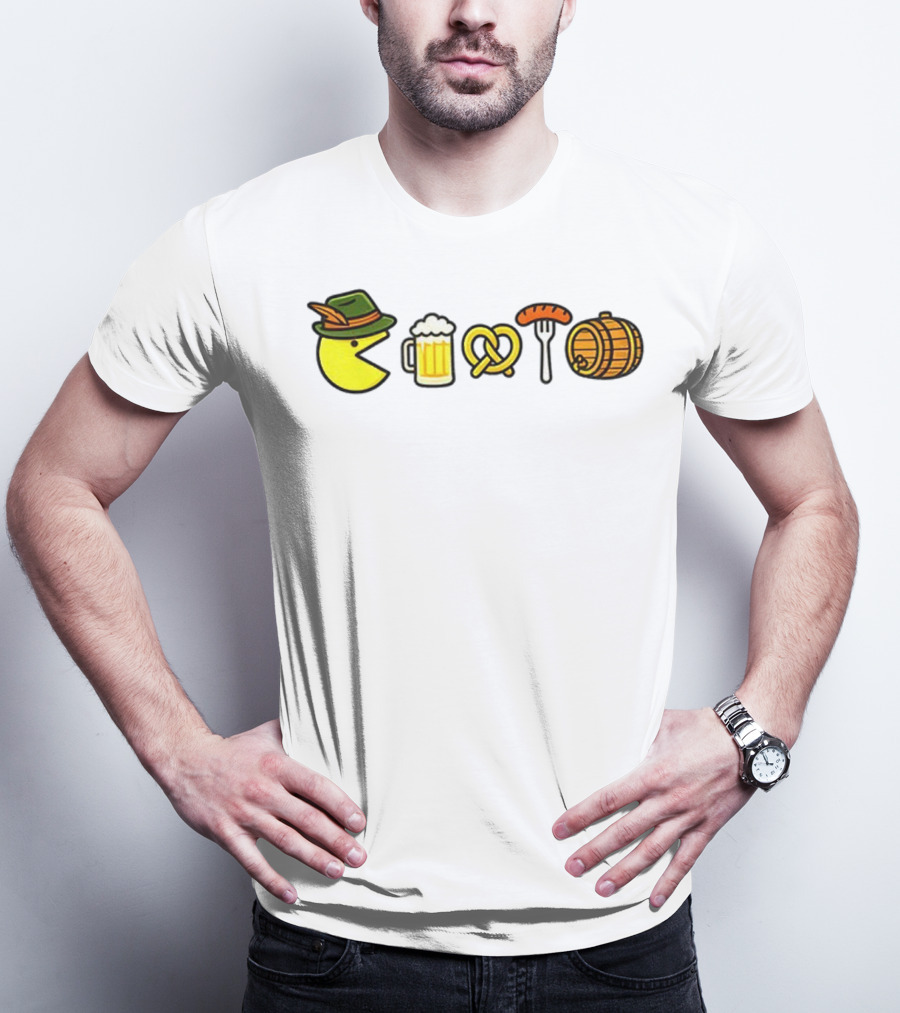 Pac-Man Oktoberfest Beer Pretzel Sausage Barrel Icons T-Shirt