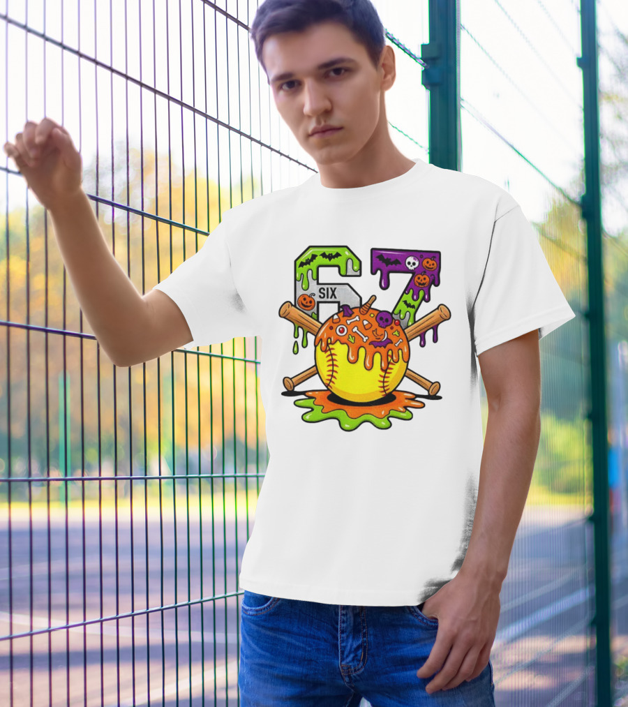 Halloween Softball 67 Six Seven Dripping Bats Pumpkins Bones Skull T-Shirt