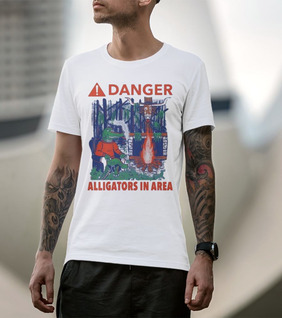 Danger Alligators In Area Florida Gators Texas Longhorns Campfire Warning T-Shirt