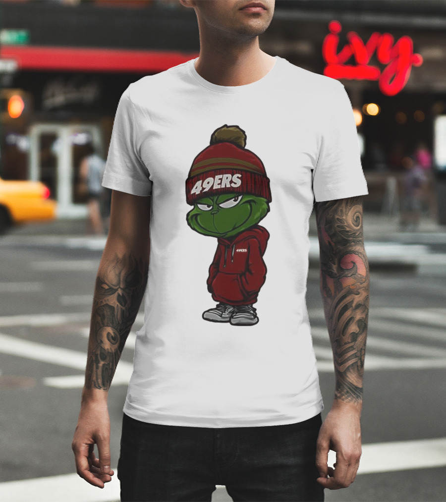 Grinch Wearing 49ers Beanie And San Francisco Football Crossover T-Shirt