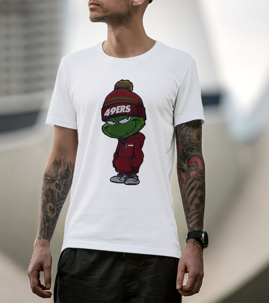 Grinch Wearing 49ers Beanie And San Francisco Football Crossover T-Shirt