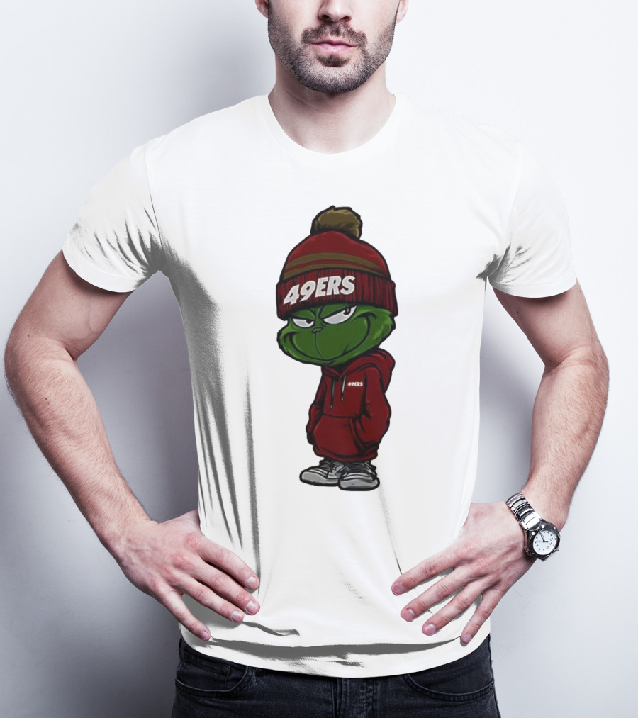 Grinch Wearing 49ers Beanie And San Francisco Football Crossover T-Shirt