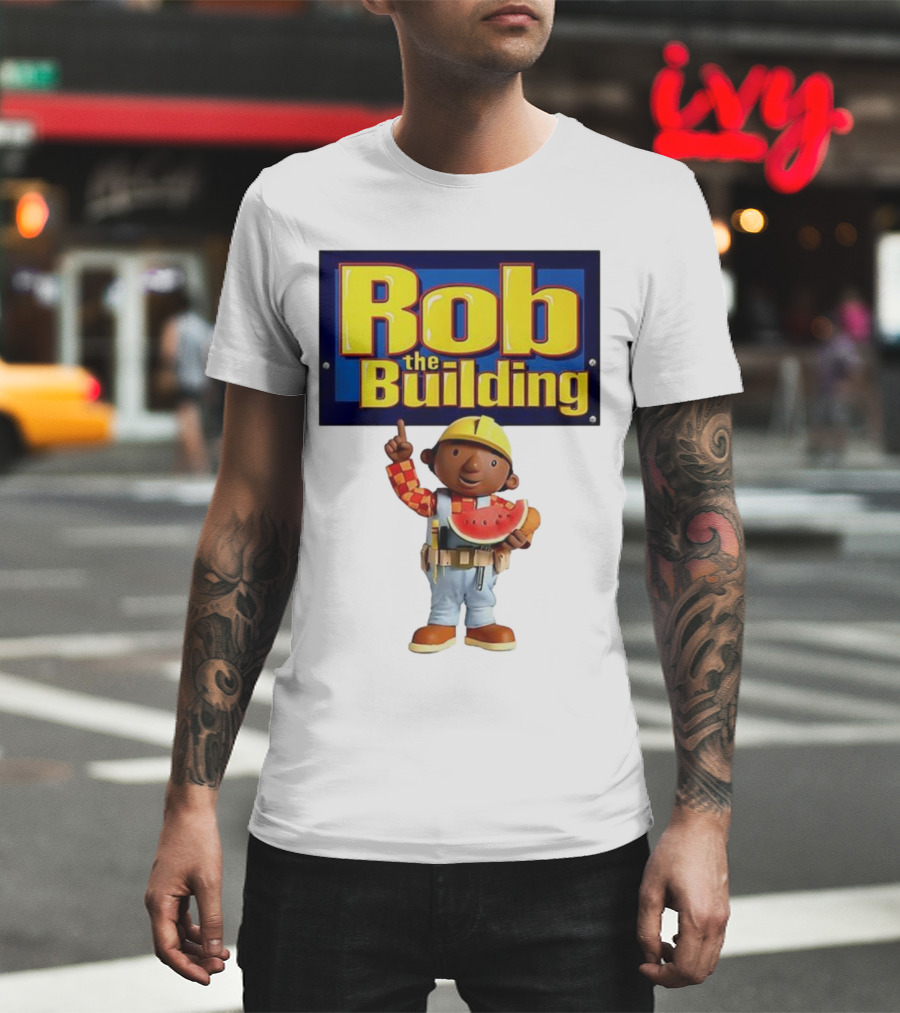 Rob The Building Cartoon Construction Character Eating Watermelon T-Shirt