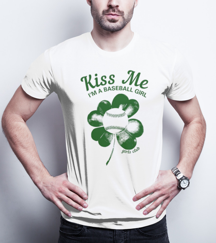 Kiss Me I'm A Baseball Girl Four Leaf Clover Stitch Lines T-Shirt
