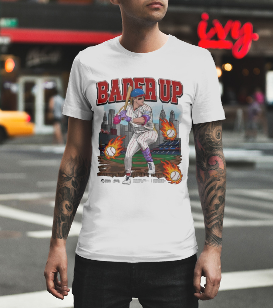 Bader Up Baseball Player Philadelphia Skyline And Flaming Baseballs T-Shirt