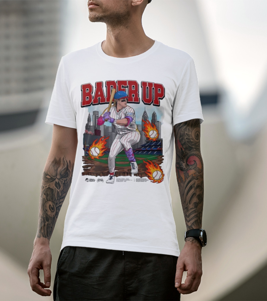 Bader Up Baseball Player Philadelphia Skyline And Flaming Baseballs T-Shirt