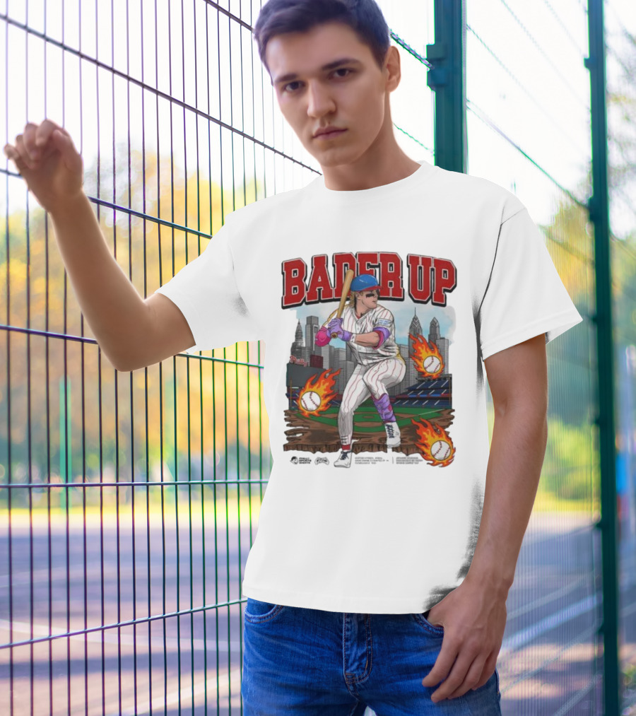 Bader Up Baseball Player Philadelphia Skyline And Flaming Baseballs T-Shirt