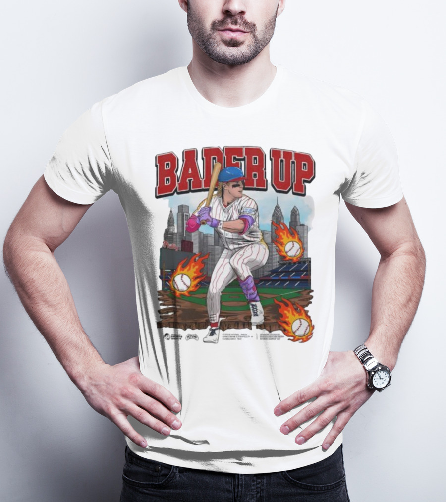 Bader Up Baseball Player Philadelphia Skyline And Flaming Baseballs T-Shirt