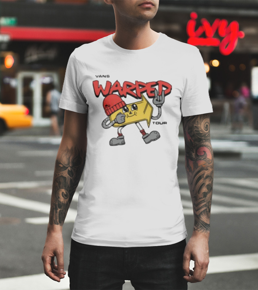 Vans Warped Tour Yellow Arrow Mascot With Red Beanie And Rock Gesture T-Shirt