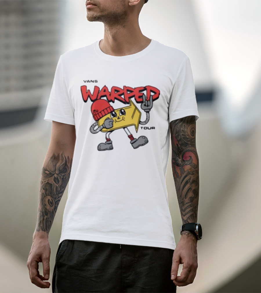 Vans Warped Tour Yellow Arrow Mascot With Red Beanie And Rock Gesture T-Shirt