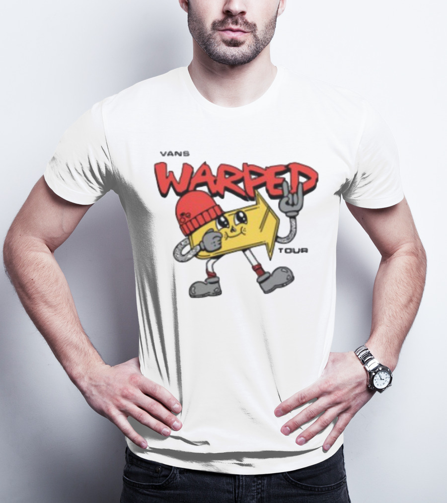 Vans Warped Tour Yellow Arrow Mascot With Red Beanie And Rock Gesture T-Shirt