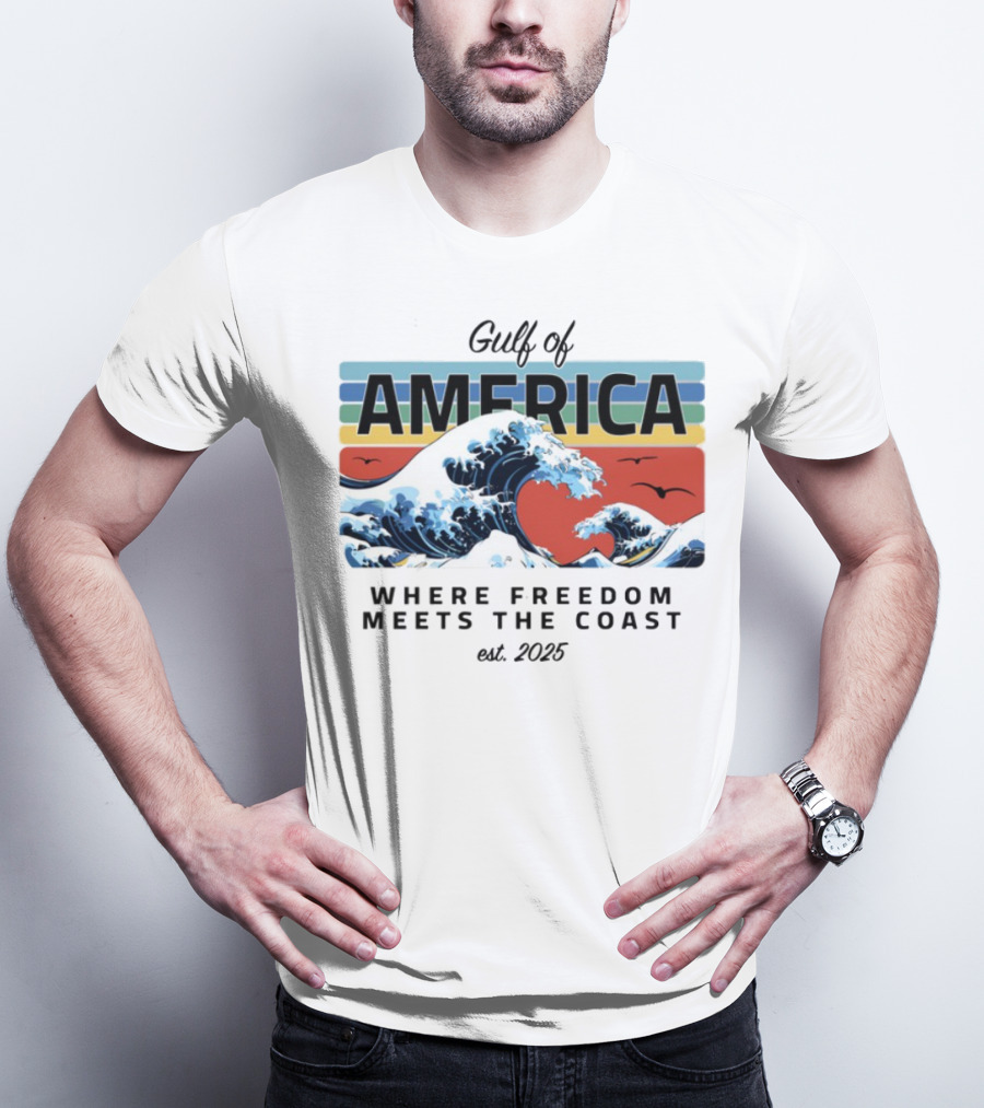 Gulf Of America Where Freedom Meets The Coast Est. 2025 Waves And Sunset Scene T-Shirt