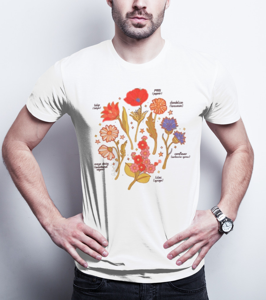 Botanical Revival Tulip Poppy Daisy Cosmos Lavender Floral Arrangement T-Shirt