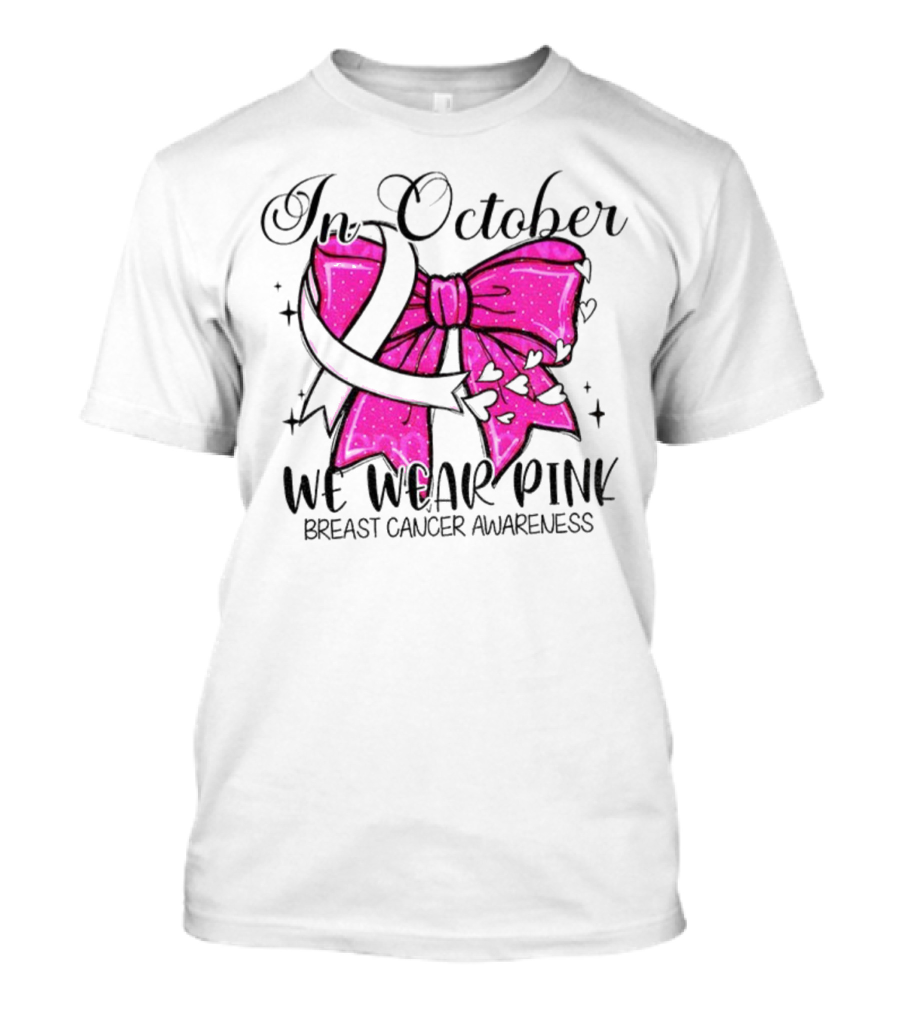 In October We Wear Pink Breast Cancer Awareness Coquette Bow T-Shirt