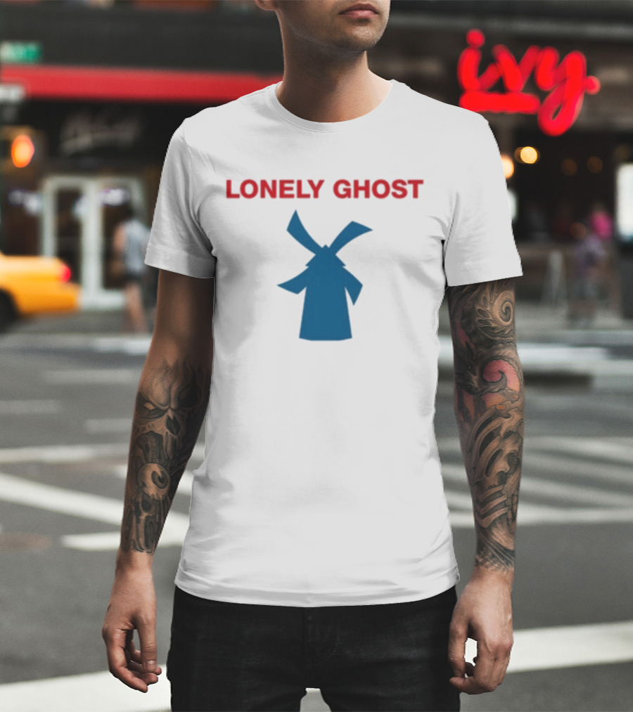 Lonely Ghost Windmill Classic Red Text Blue Silhouette T-Shirt