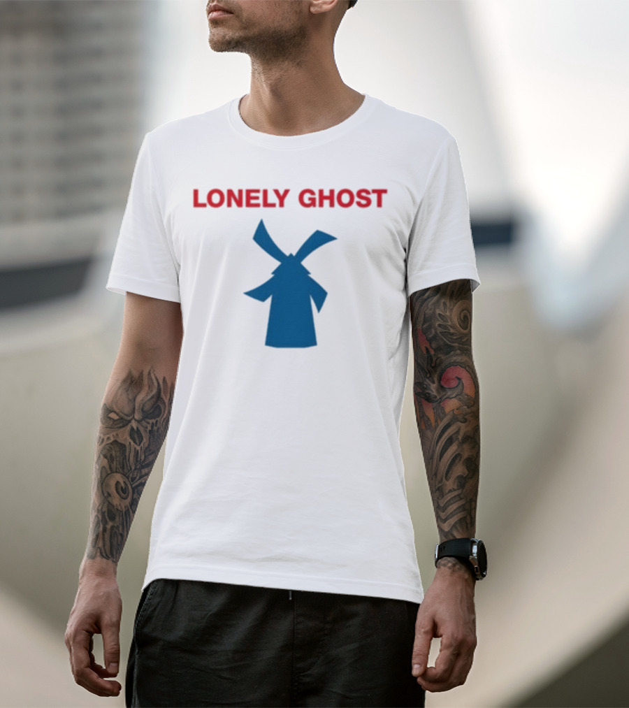 Lonely Ghost Windmill Classic Red Text Blue Silhouette T-Shirt