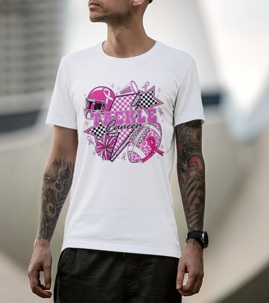 Pink Football Tackle Cancer Cheer Breast Cancer Awareness Ribbons T-Shirt