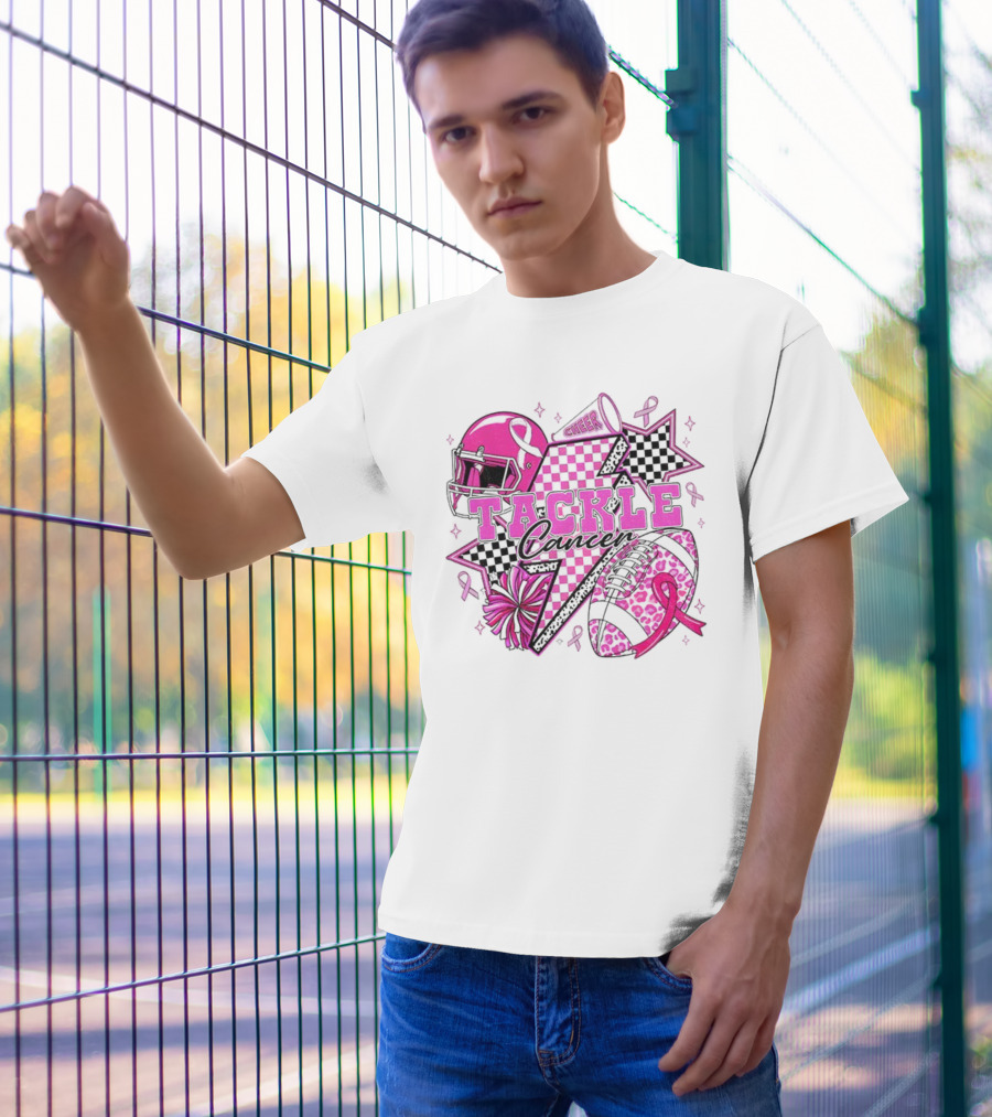 Pink Football Tackle Cancer Cheer Breast Cancer Awareness Ribbons T-Shirt